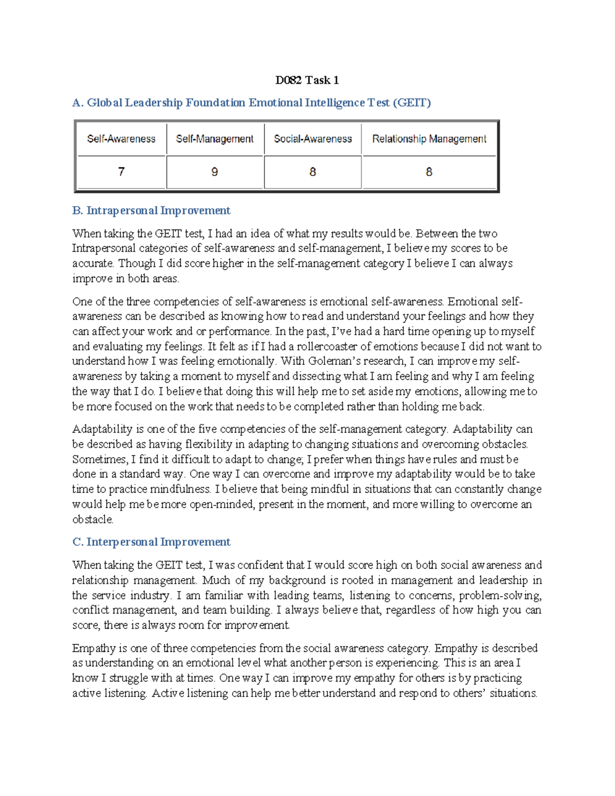 D082 Task 1 - D082 Task 1 - D082 Task 1 A. Global Leadership Foundation ...