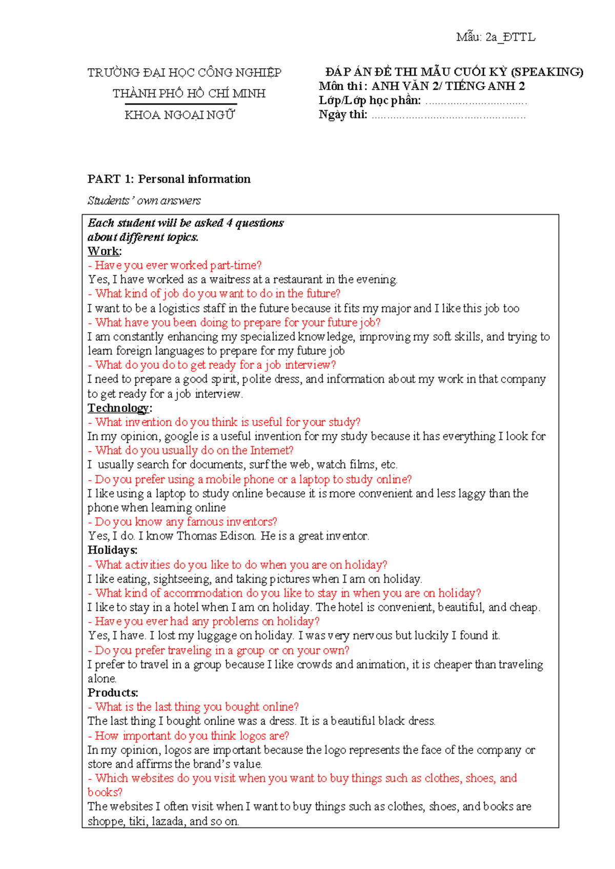 KEY Sample Final Speaking TEST English 2 - Mẫu: 2a_ĐTTL TRƯỜNG ĐẠI HỌC ...