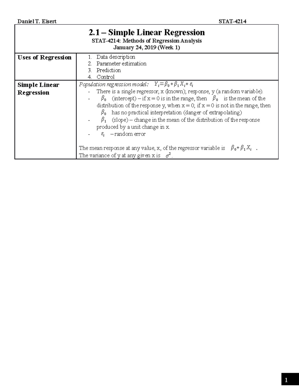 STAT-4214 - Notes - 2-1 - Simple Linear Regression - 1 Daniel T. Eisert ...