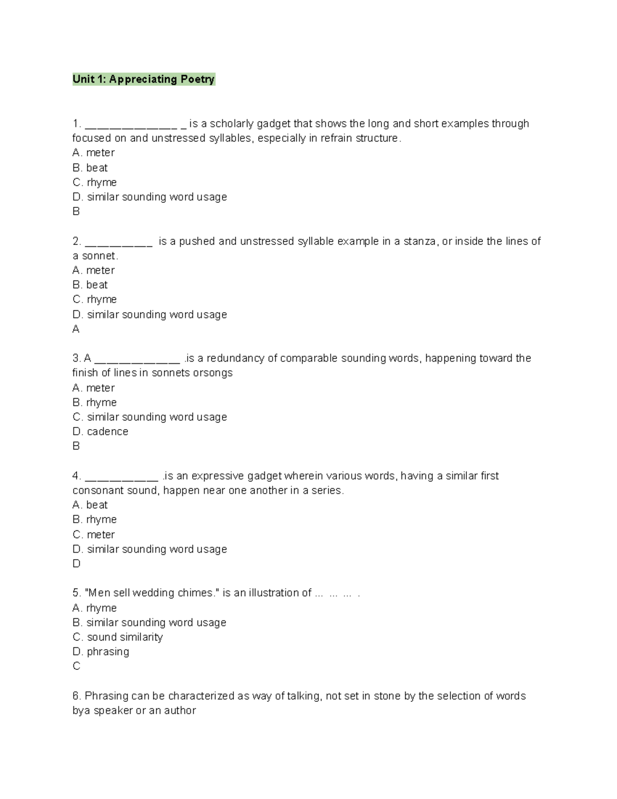 Unit 1 Appreciating Poetry - Unit 1: Appreciating Poetry ...