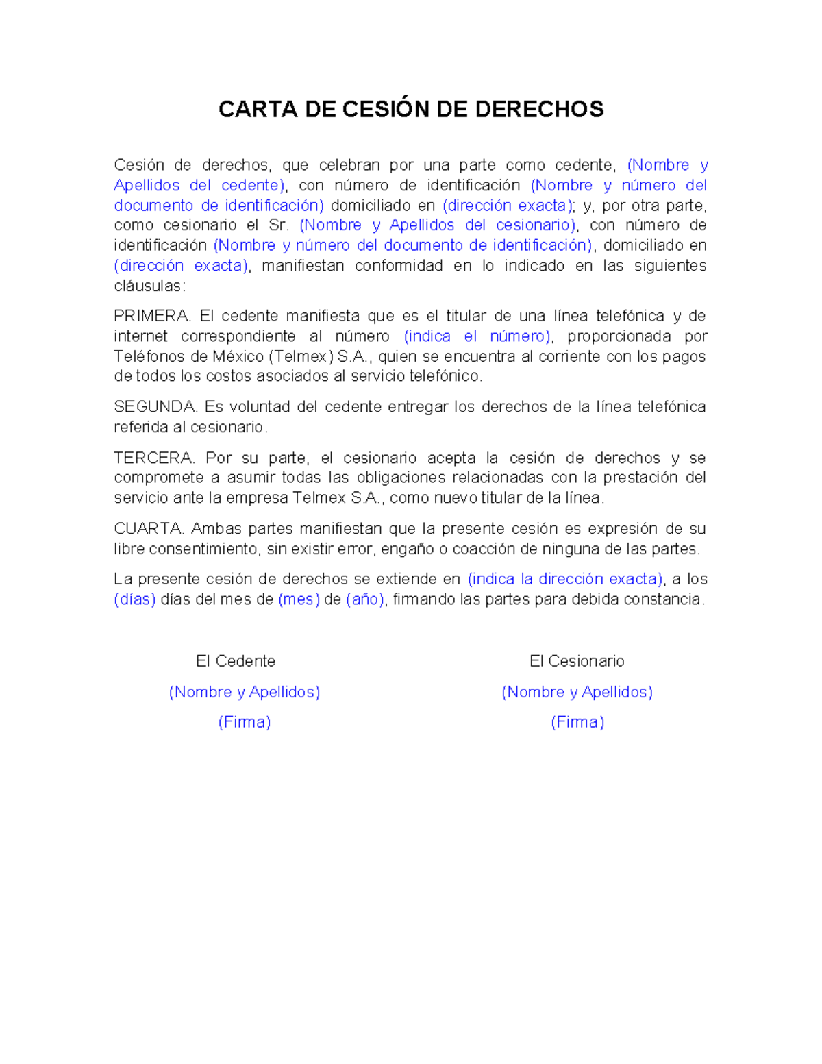Carta DE Cesión DE Derechos - CARTA DE CESIÓN DE DERECHOS Cesión de ...