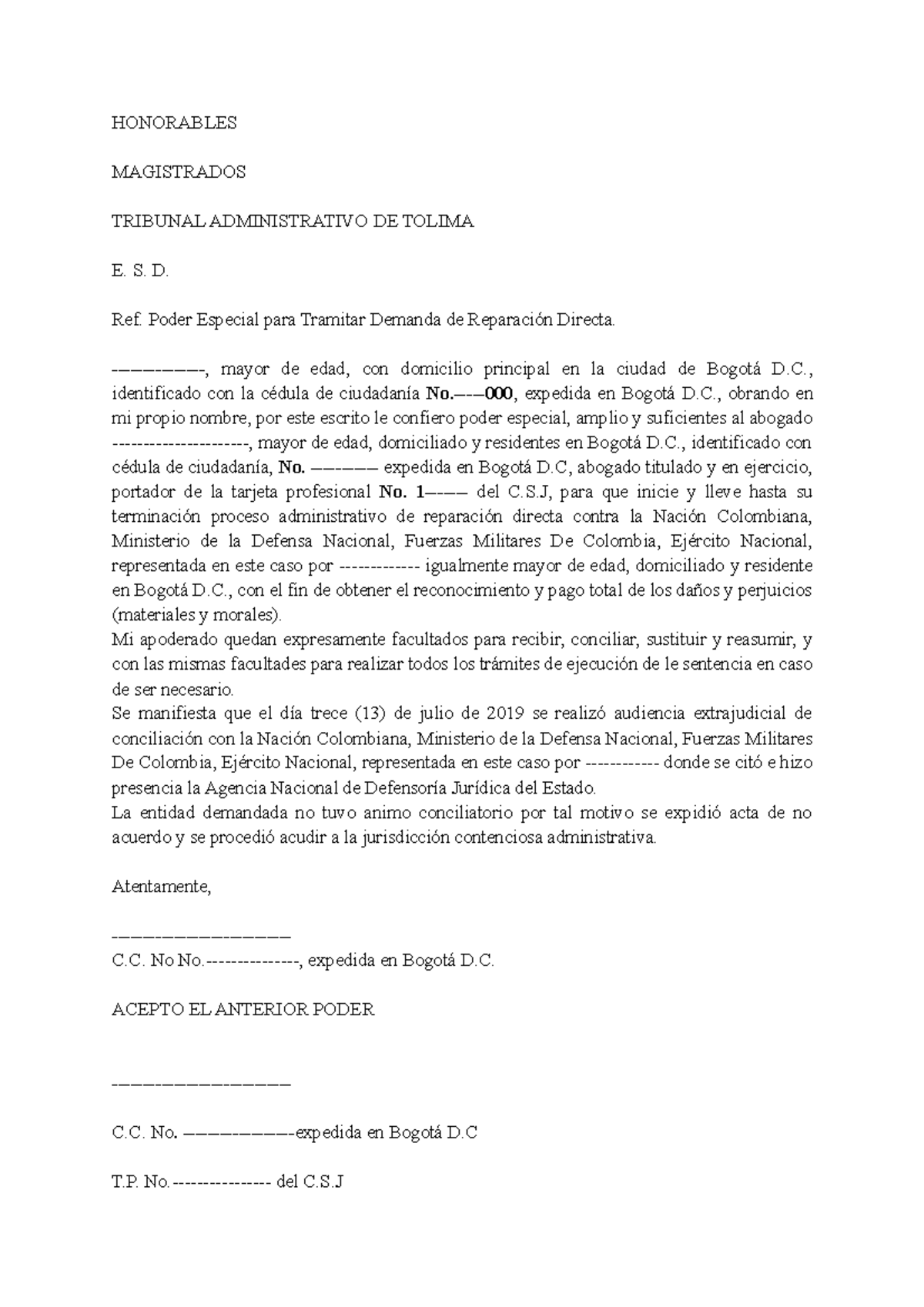 Poder Especial, Reparacion Directa. Administrativo minuta - HONORABLES ...