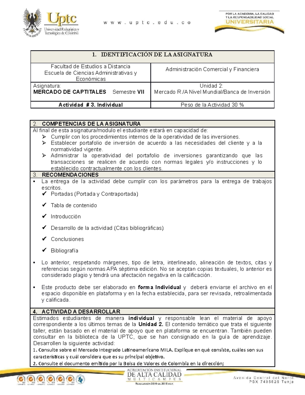Actividad 3. Unidad 2- Mercado DE Capitales-2023 - 1. IDENTIFICACIÓN DE LA ASIGNATURA Facultad ...