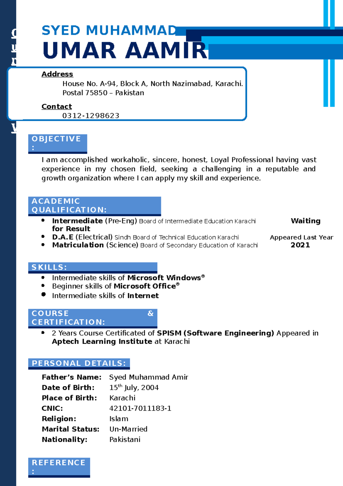 Syed Muhammad Umar Amir CV - SYED MUHAMMAD UMAR AAMIR Address House No ...
