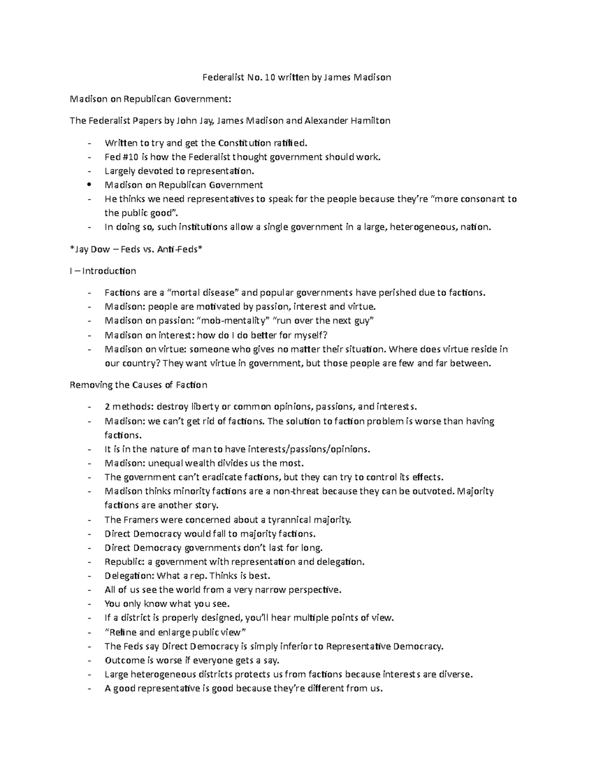 Poli Sci 1000 Sept 7 Lecture Notes - Federalist No. 10 written by James ...