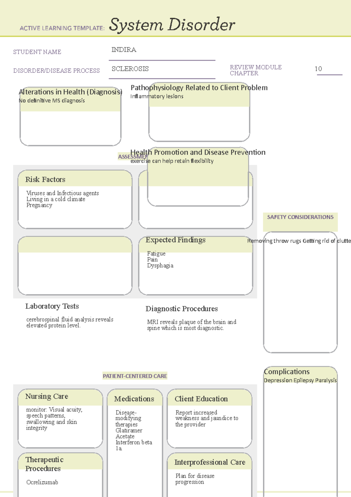 System Disorder form (12) - Alterations in Health (Diagnosis) No ...