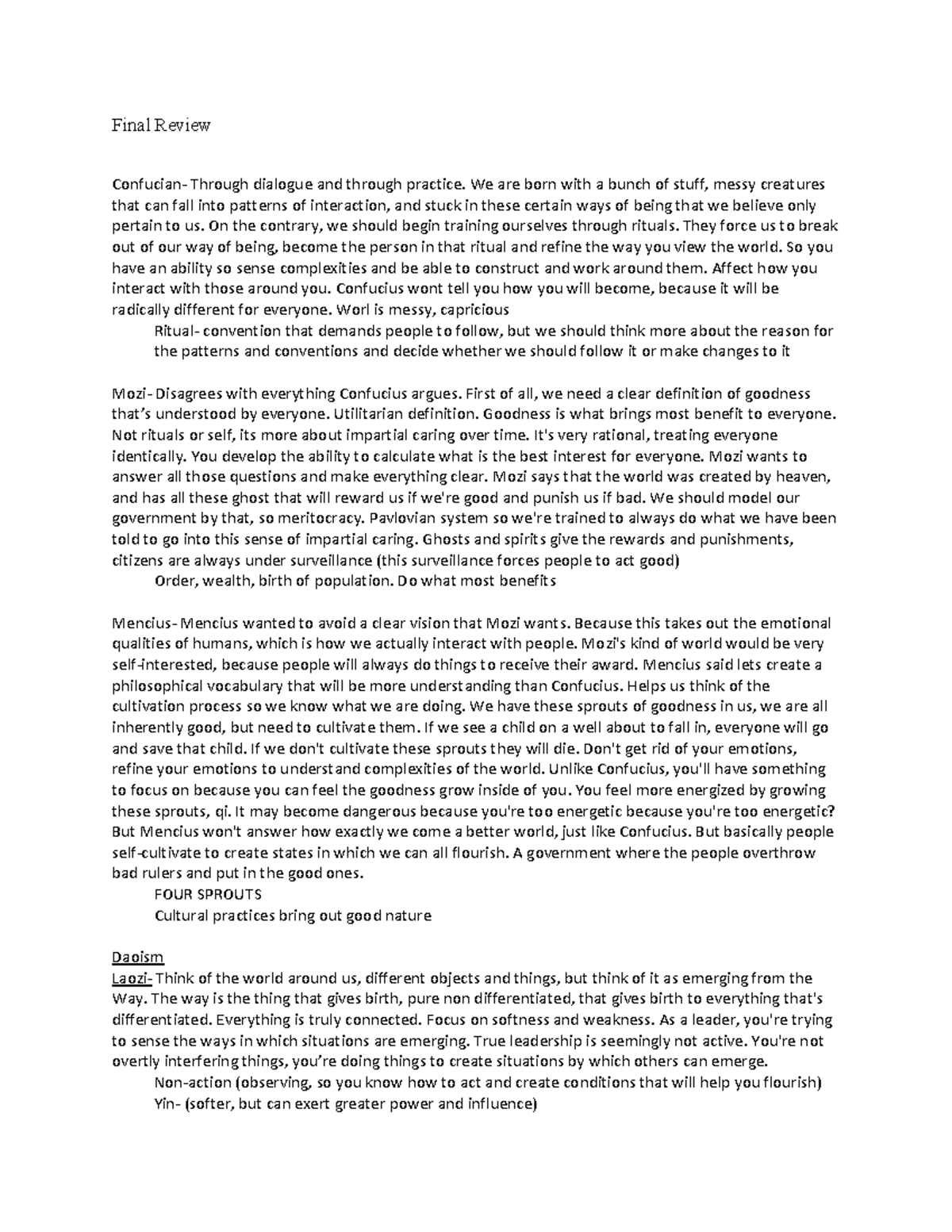 Final Review Document - Final Review Confucian- Through dialogue and ...