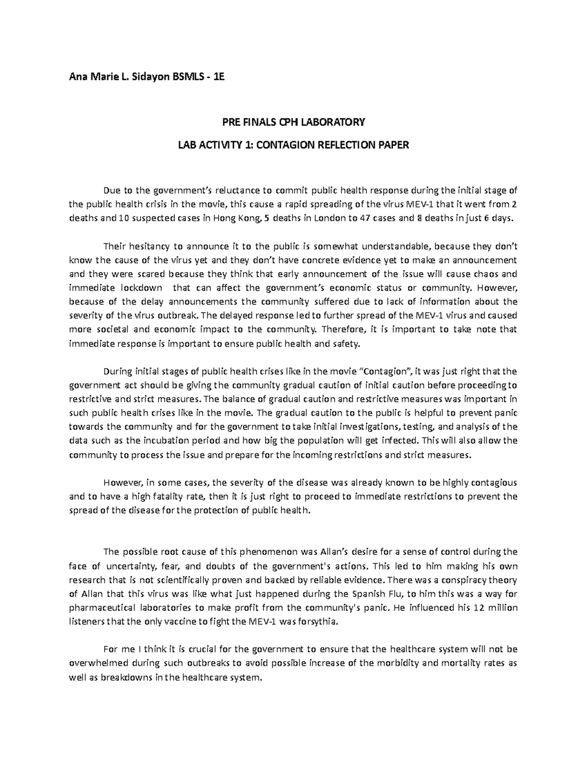 Contagion - Reflection Essay - Ana Marie L. Sidayon BSMLS - 1E PRE ...