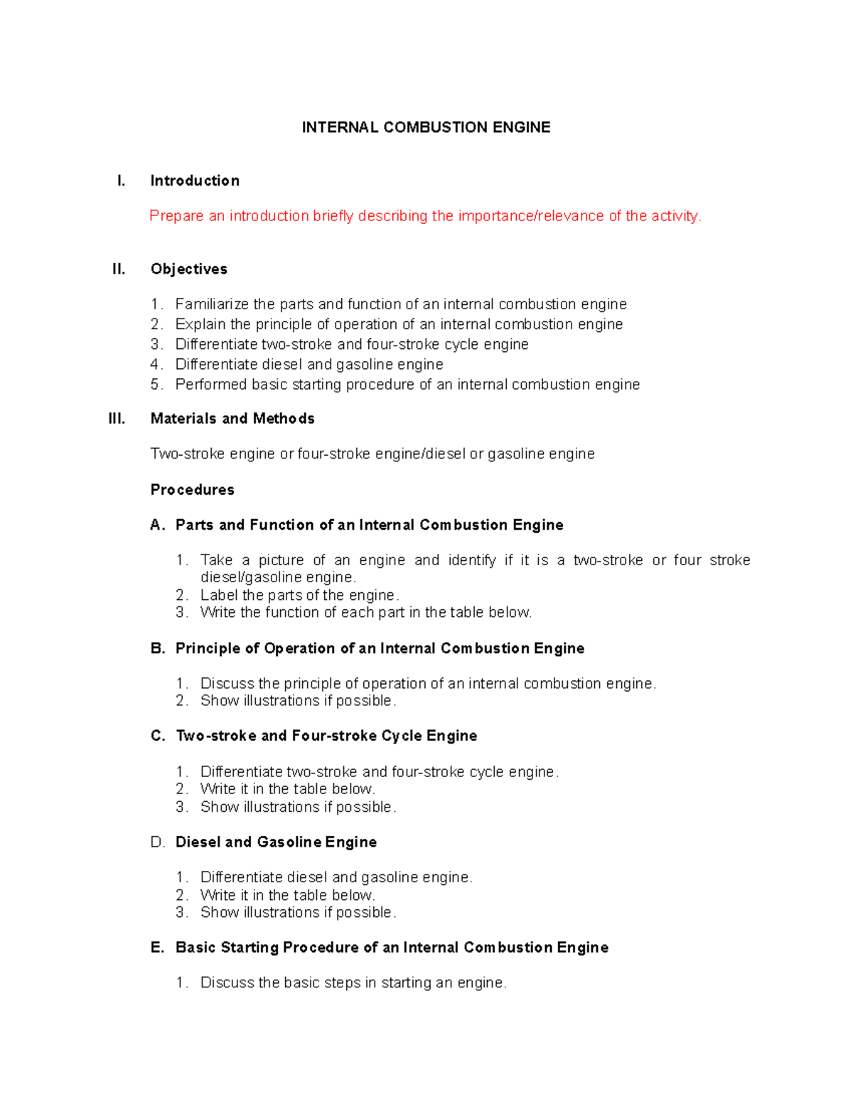 Internal Combustion Engine - INTERNAL COMBUSTION ENGINE I. Introduction ...