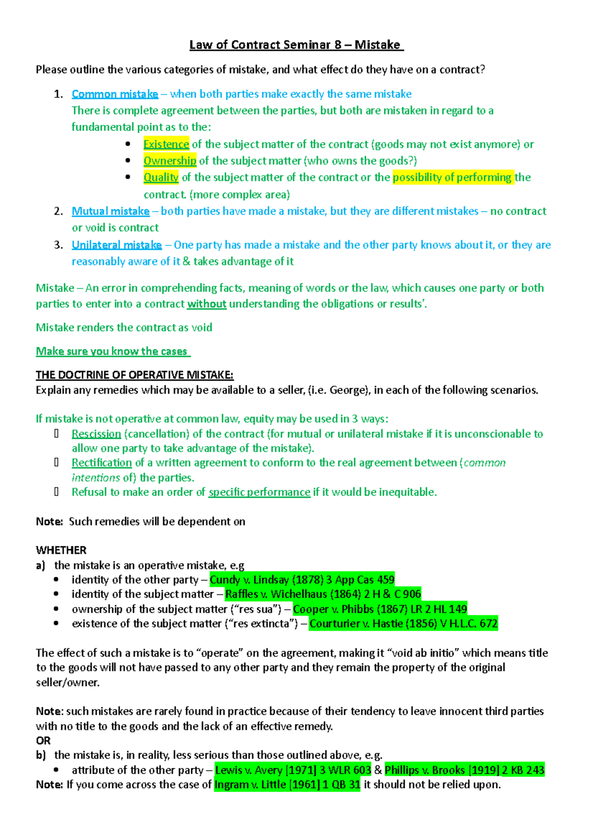 Seminar 8 Contract Law Mistake Law Of Contract Seminar 8 Mistake Please Outline The