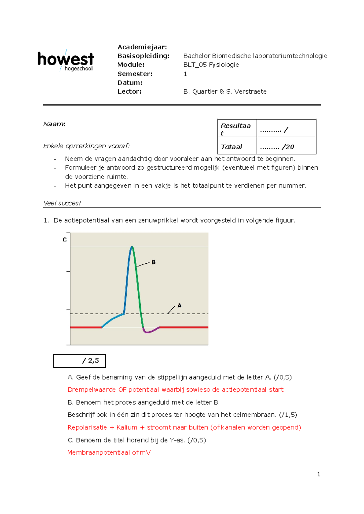 BLT05 Voorbeeldexamen fysiologie - Academiejaar: Basisopleiding ...