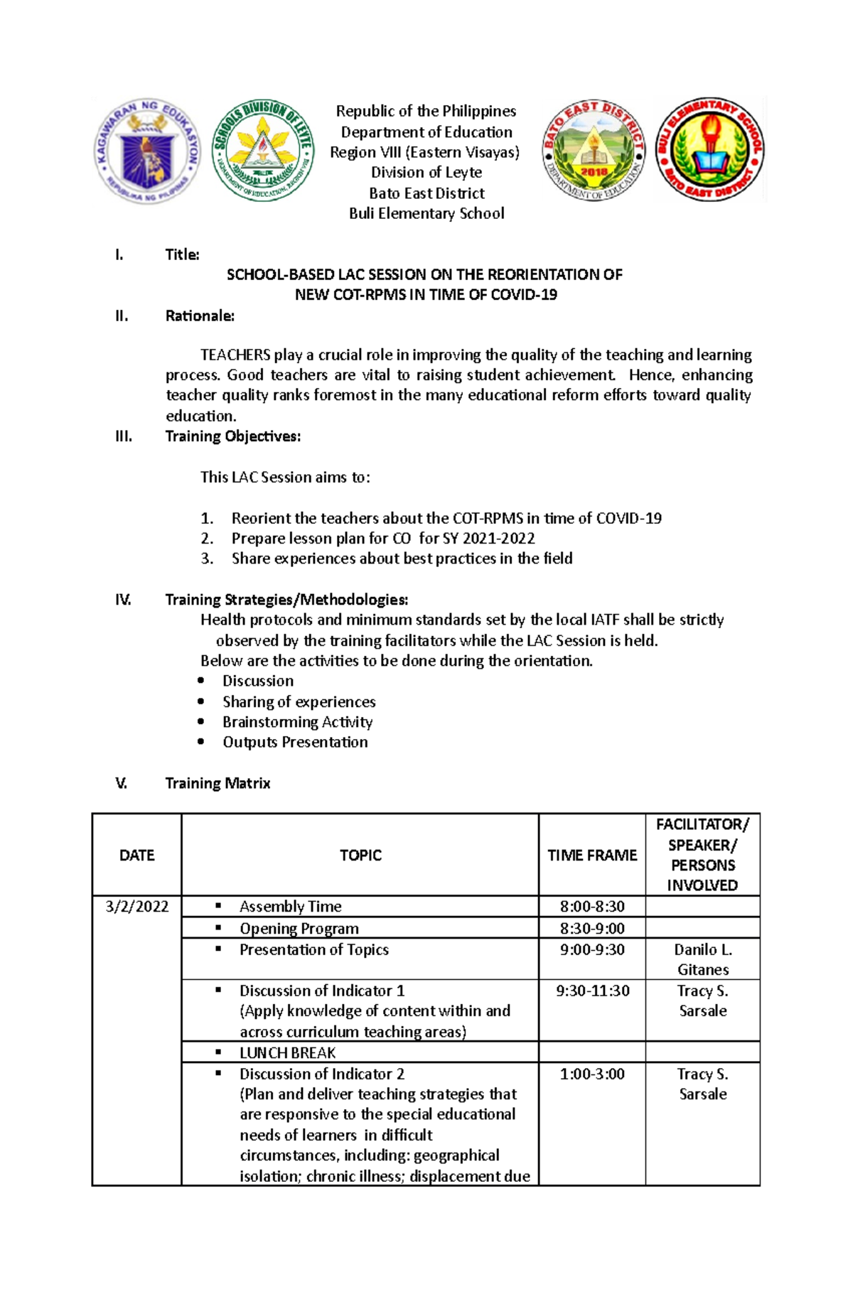 Training Design IN RPMS Tools - Republic of the Philippines Department ...