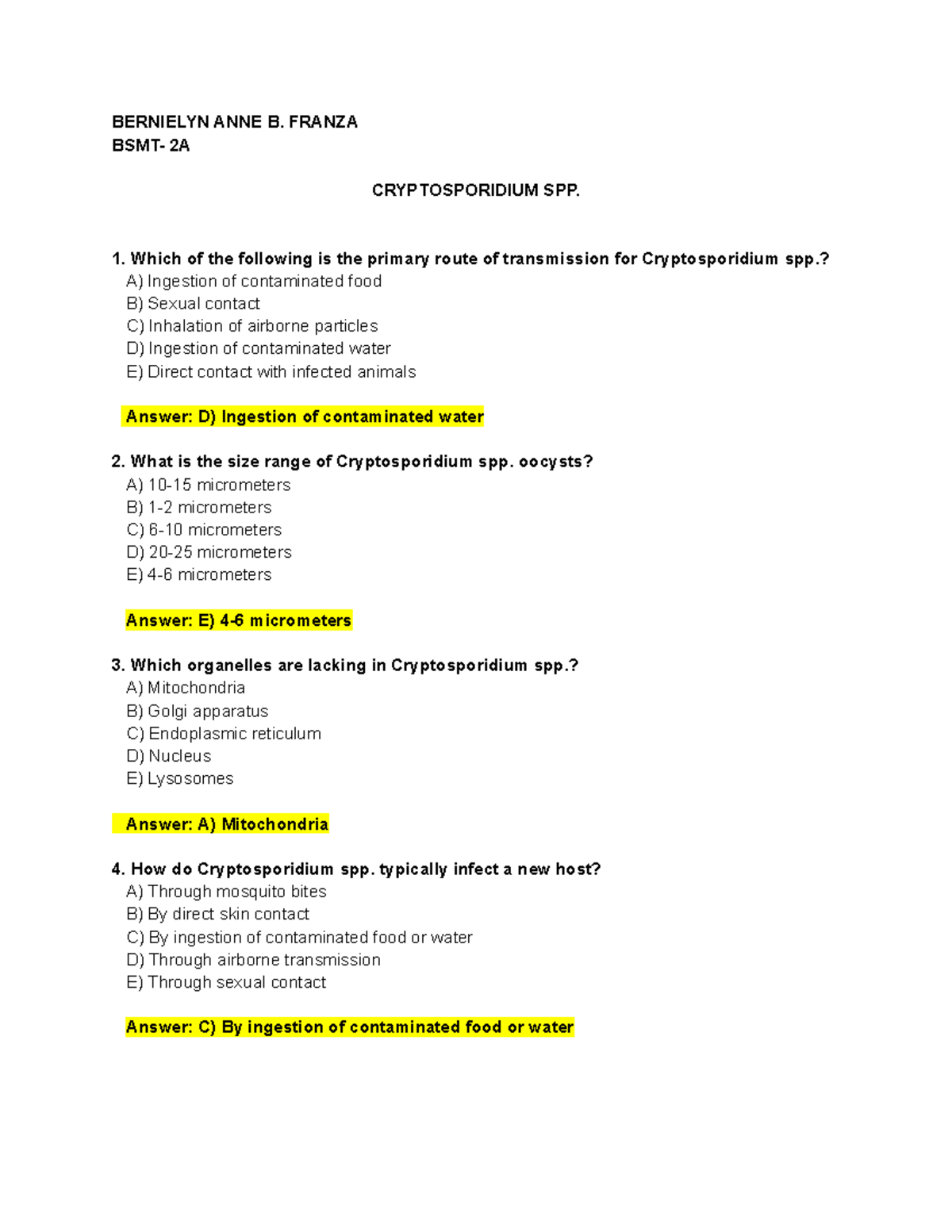 Cryptosporidium SPP - questions - BERNIELYN ANNE B. FRANZA BSMT- 2A ...