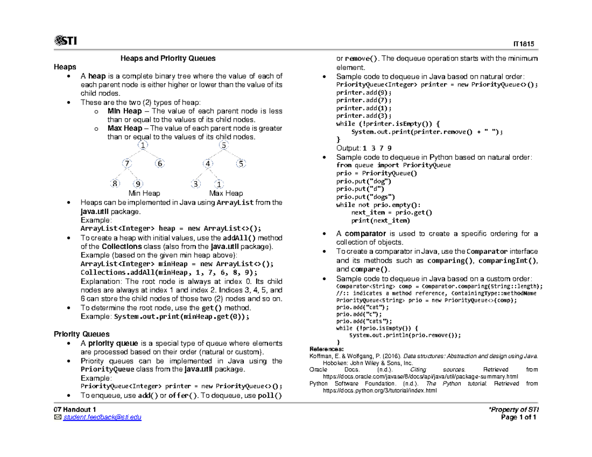 DSA Heaps Priority Queue - IT 07 Handout 1 *Property of STI student@sti Page 1 of 1 Heaps and ...