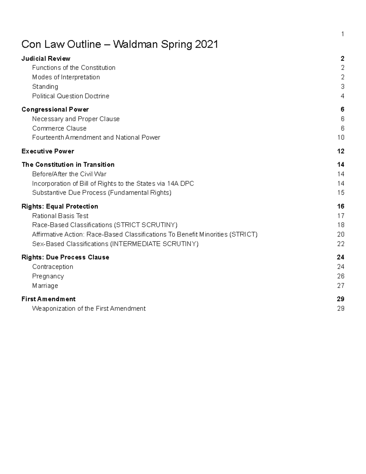 Outline 2 - Con Law Outline – Waldman Spring Judicial Review Functions ...