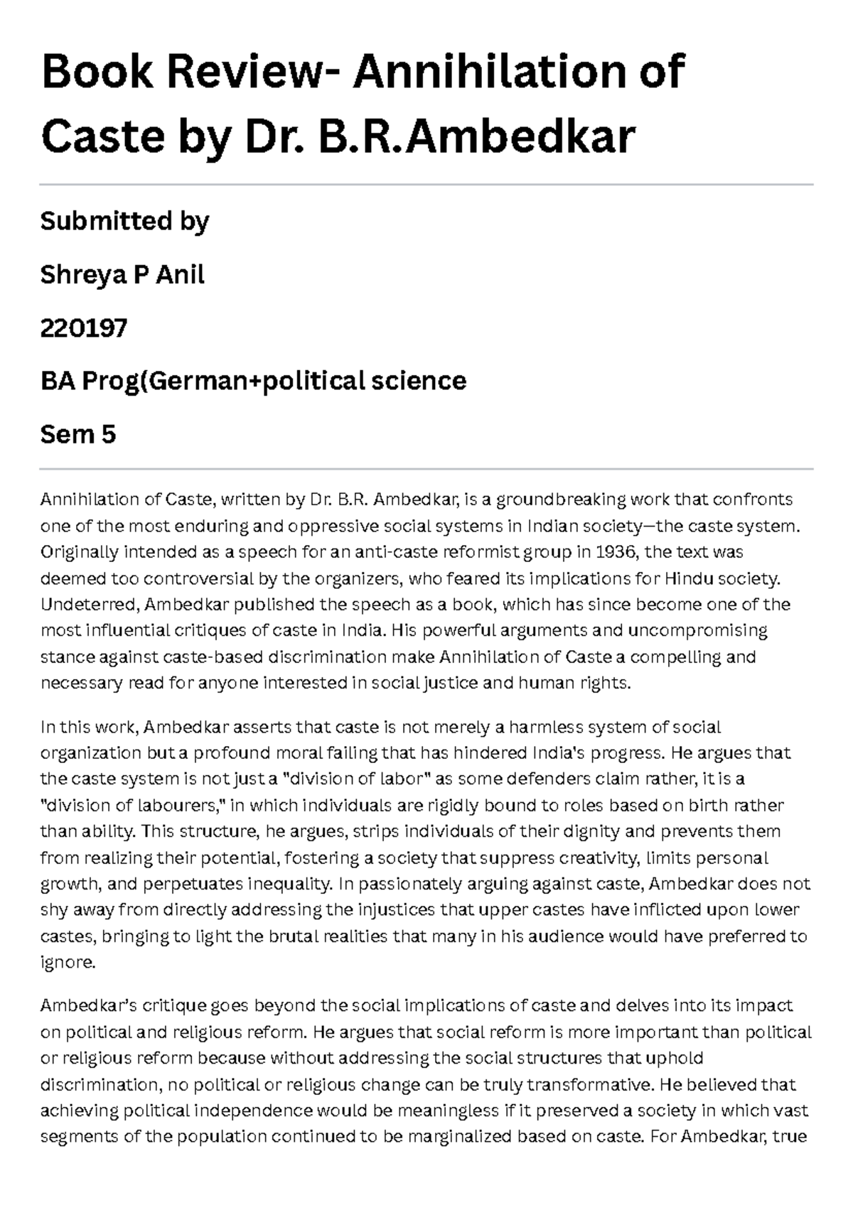 Book Review Annihilation of Caste by Dr. B.R. Ambedkar - Book Review ...