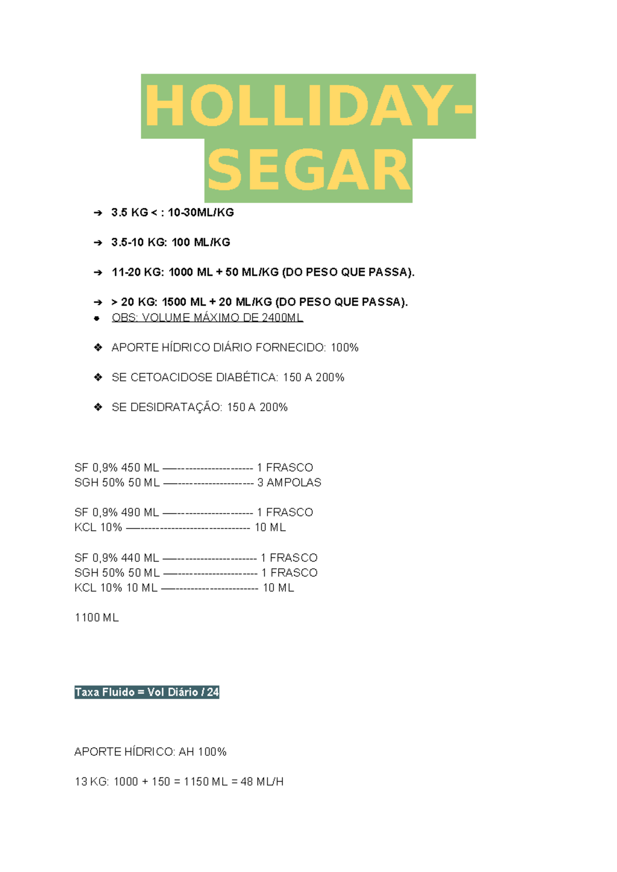 Holliday- Segar - Resumo Medicina - HOLLIDAY- SEGAR 3 KG