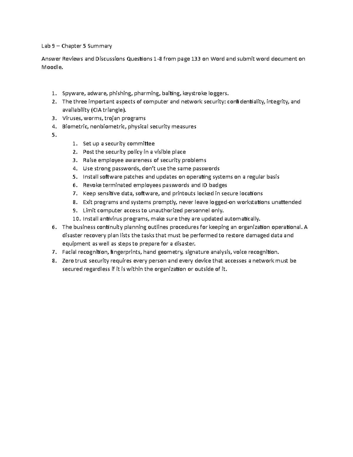 Lab 9 - Lab 9 Business Information Systems 245 - Lab 9 – Chapter 5 Summary Answer Reviews and ...