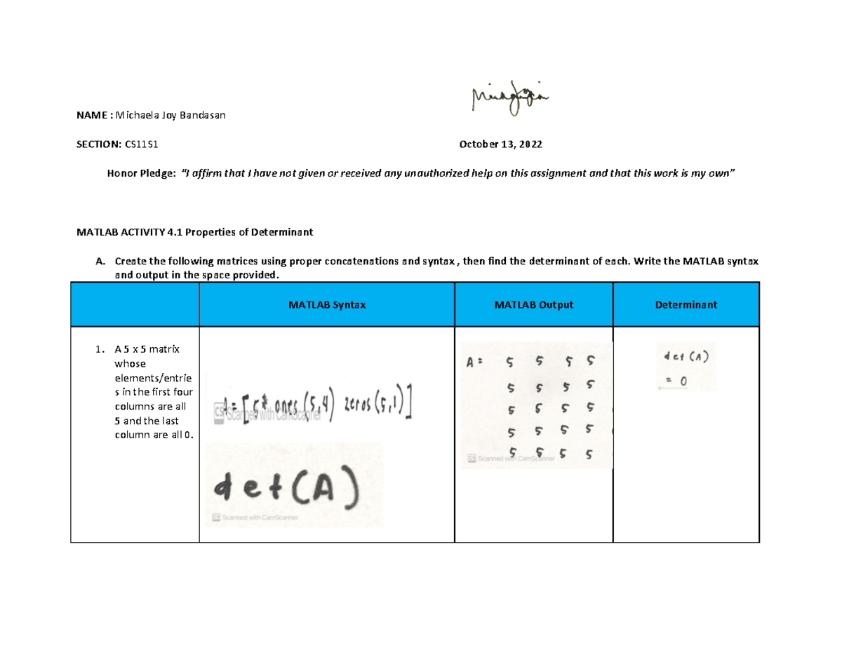 Matlab 4.1- Properties of Determinant Bandasan, Michaela - NAME ... Matlab 4.1- Properties of Determinant Bandasan, Michaela - NAME ...