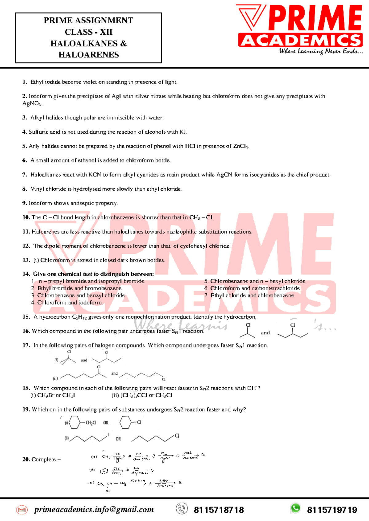 Haloalkanes AND Haloarenes - XII - cc primeacademics@gmail 8115718718 8115719719 PRIME ...