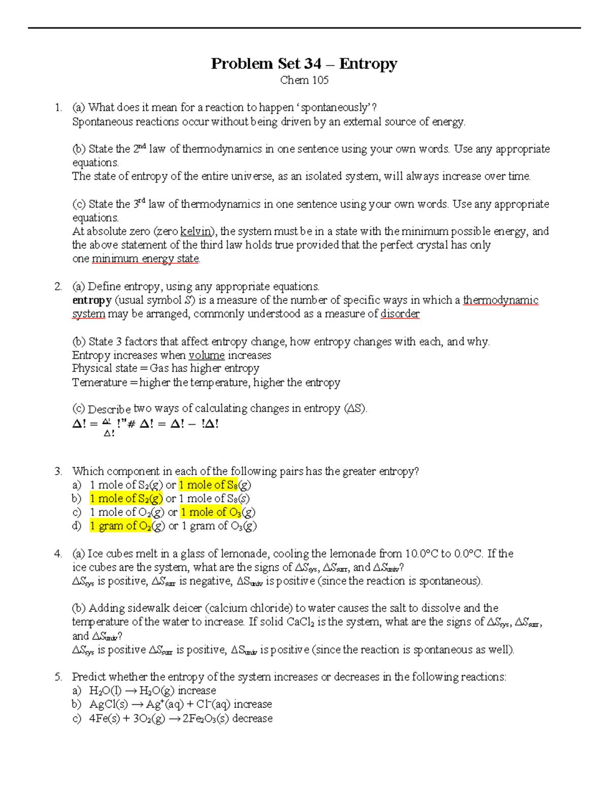 PS 34 - work - Problem Set 34 – Entropy Chem 105 (a) What does it mean ...