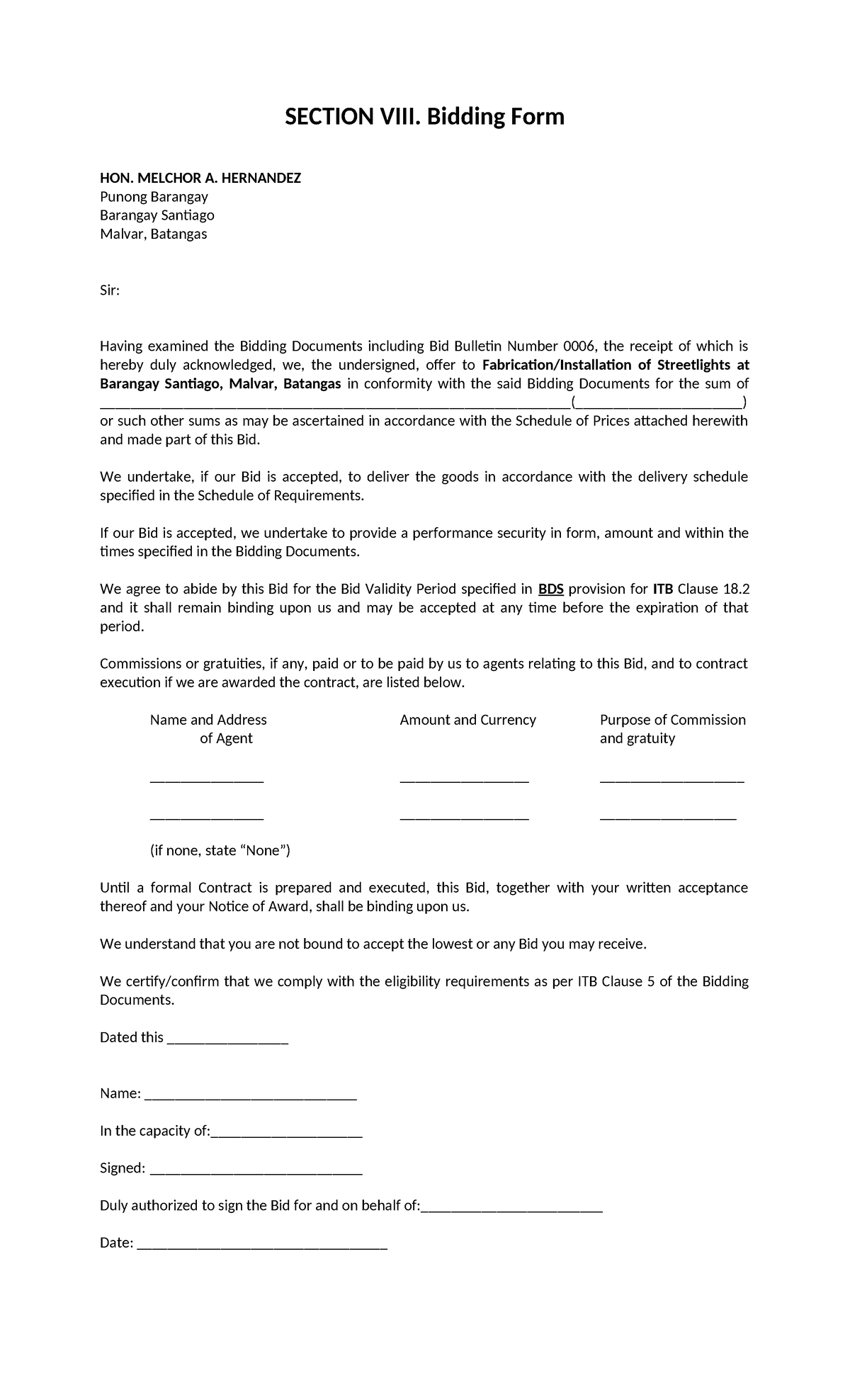 Section VIII Bidding Form - SECTION VIII. Bidding Form HON. MELCHOR A ...