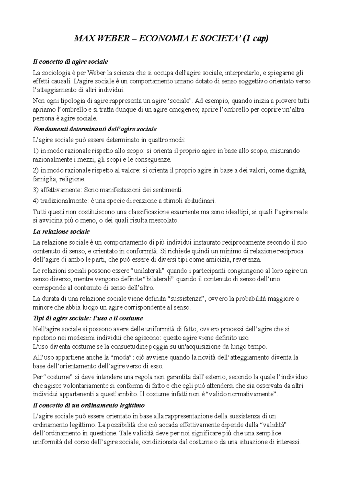 Max weber economia e societa capitolo 1 riassunto - MAX WEBER ECONOMIA ...