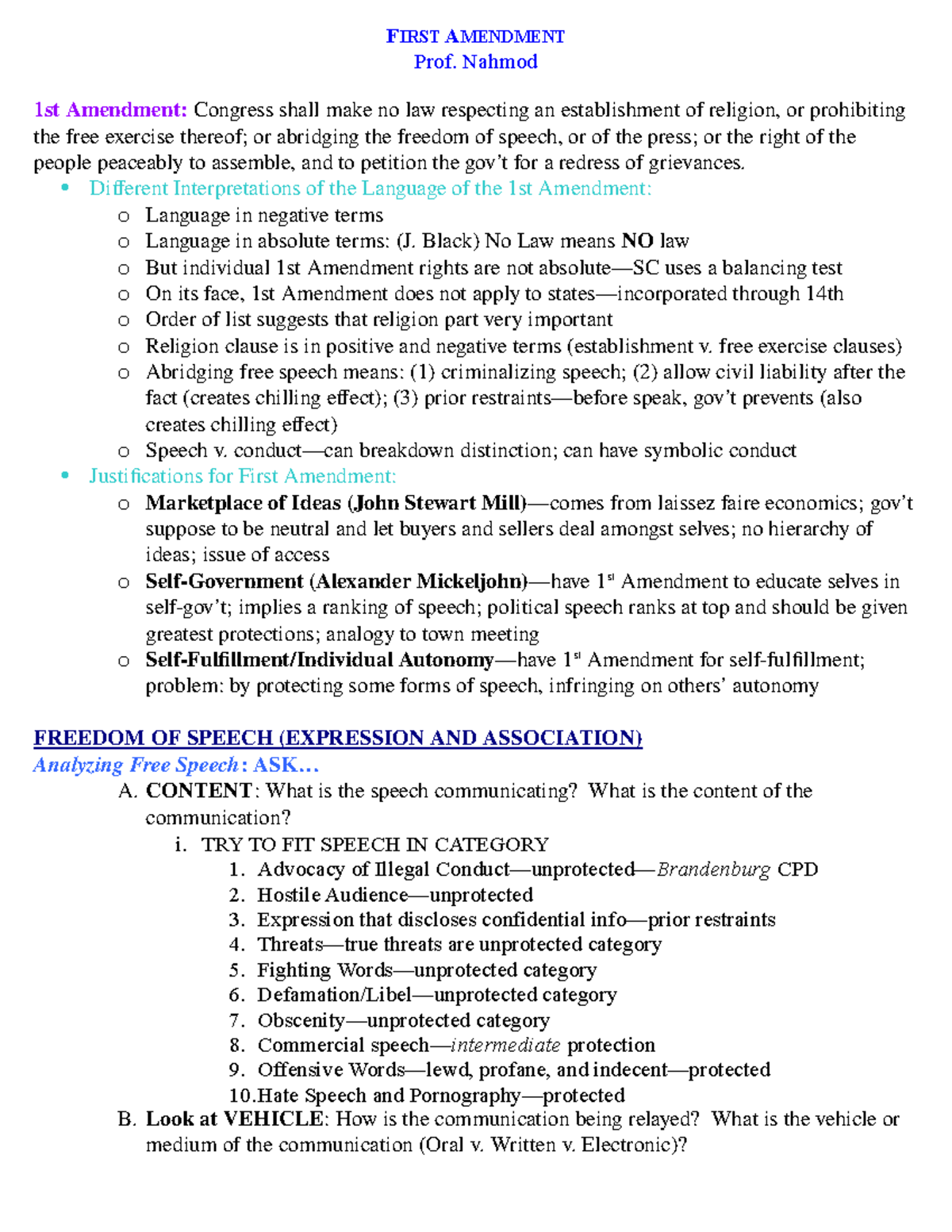 First Amendment Outline - FIRST AMENDMENT Prof. Nahmod 1st Amendment ...