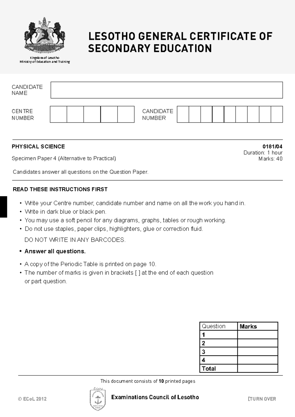 Lgcse Physical Science Paper 4 - LESOTHO GENERAL CERTIFICATE OF ...