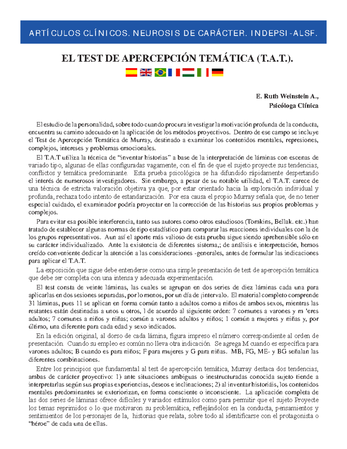 El Test de Apercepcion Tematica T A T - ARTÍCULOS CLÍNICOS. NEUROSIS DE ...