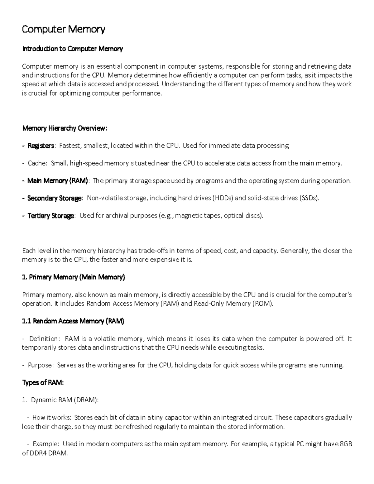 Computer Memory Notes Computer Memory Introduction To Computer Memory Computer Memory Is An 5473