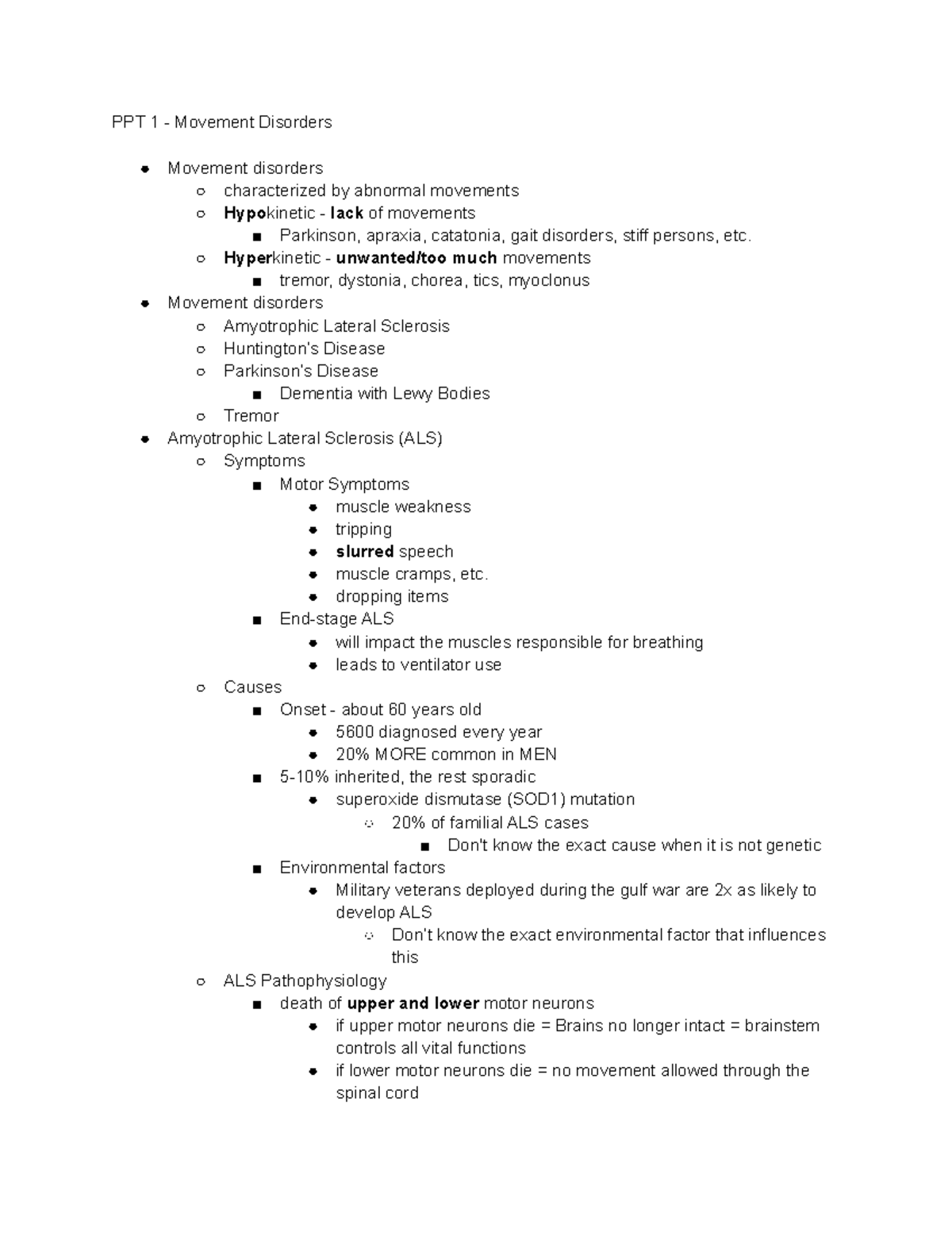 Exam 4 review - study guide - PPT 1 - Movement Disorders Movement ...