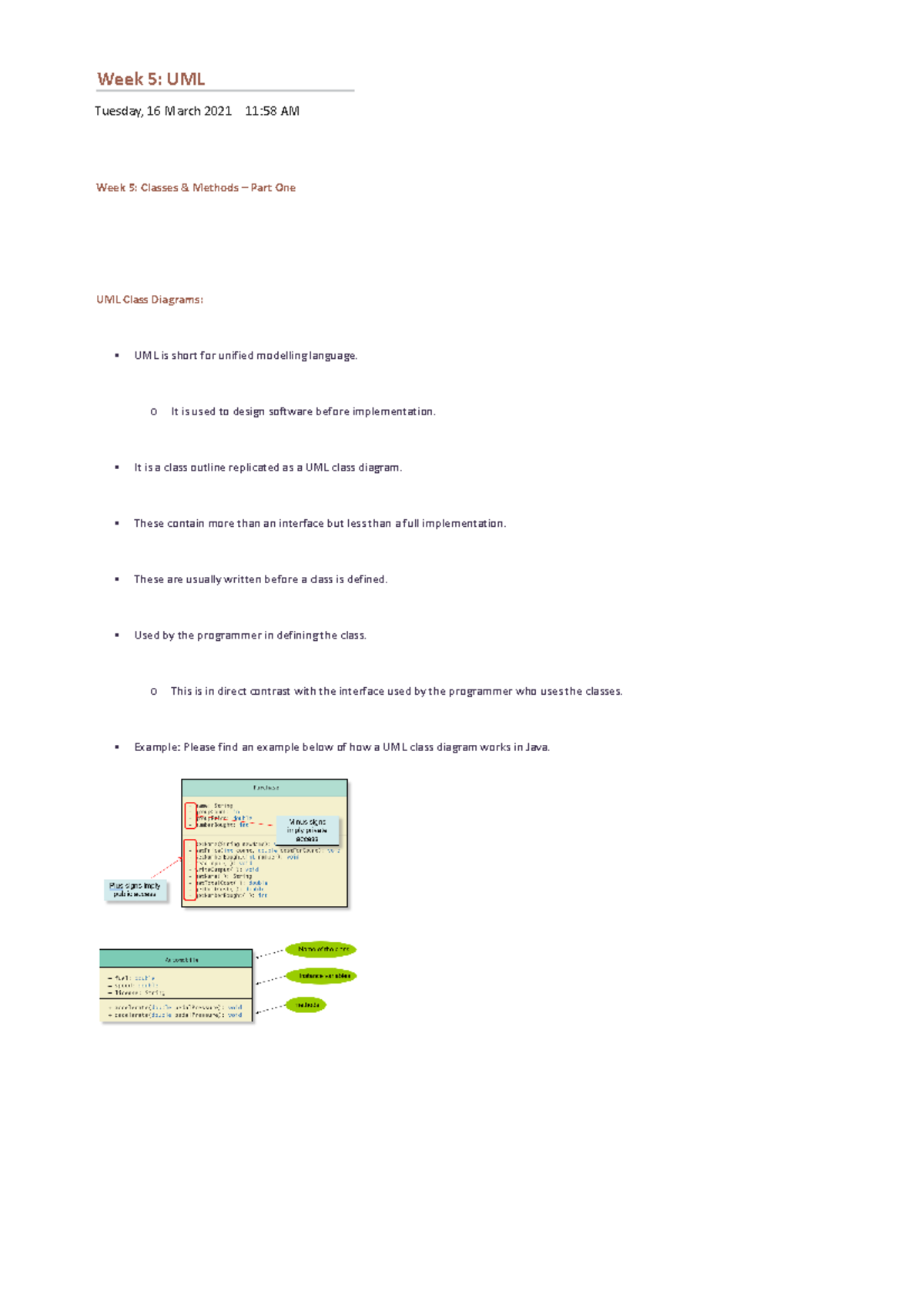 SENG1110 - Week 5 - UML - Week 5: UML Tuesday, 16 March 2021 11:58 AM Week 5: Classes & Methods ...