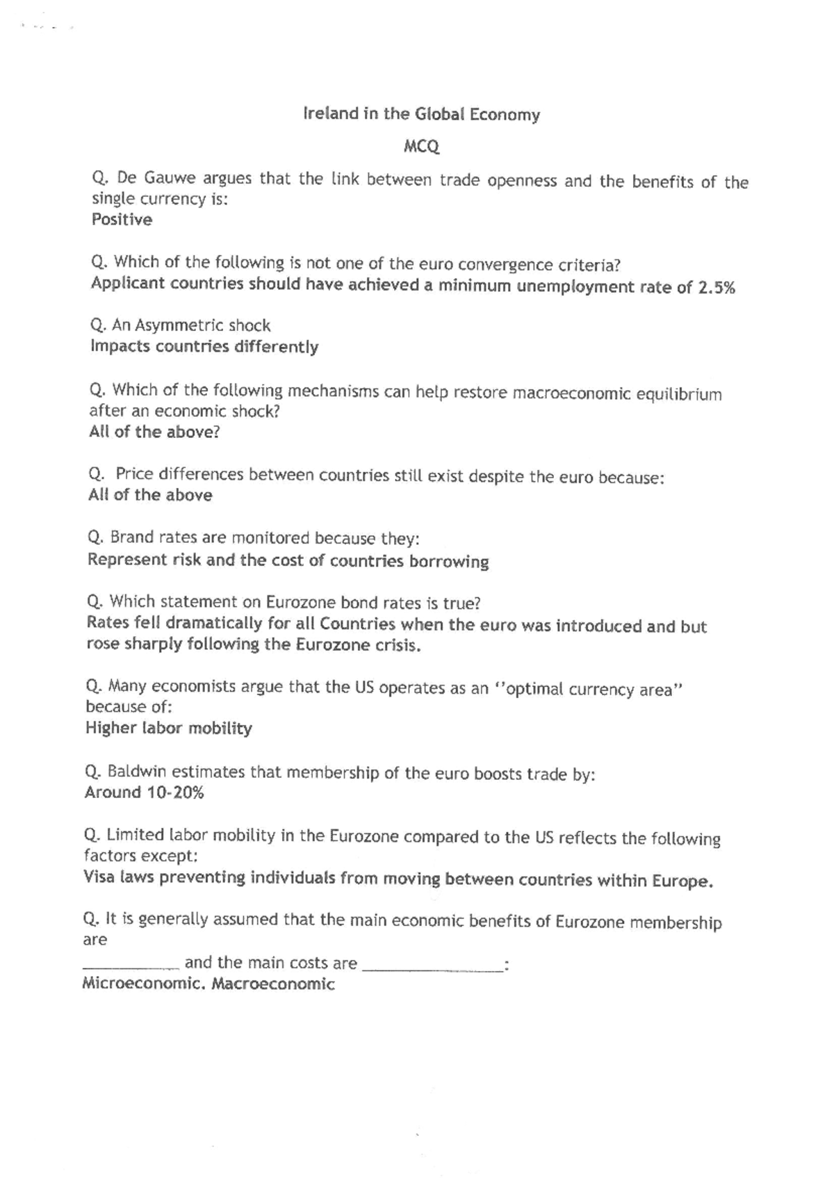 Economics notes from last yr - Ireland and the Global Economy - Studocu