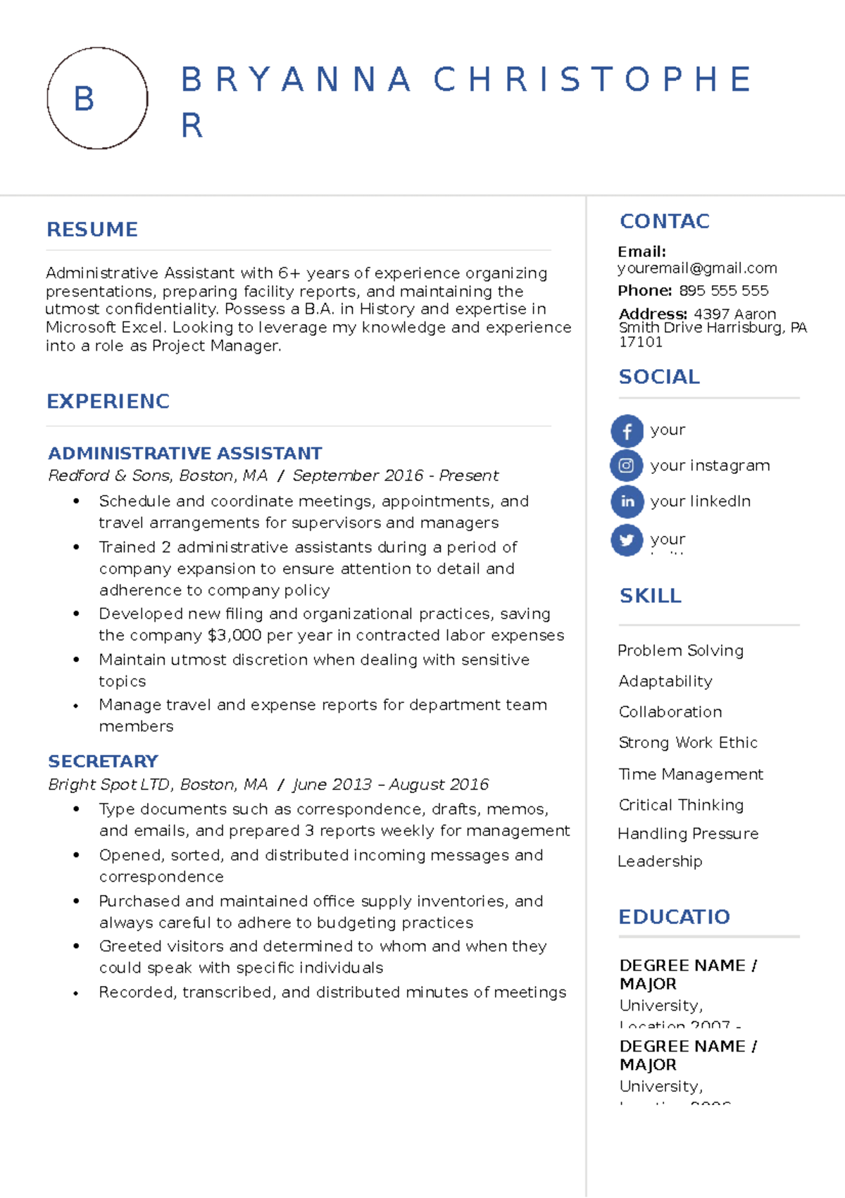 Unique Resume Template Blue - B SOCIAL Problem Solving Adaptability ...
