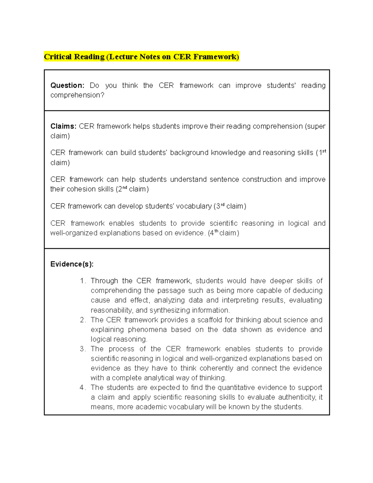 Critical Reading-CER Framework - Critical Reading (Lecture Notes on CER ...