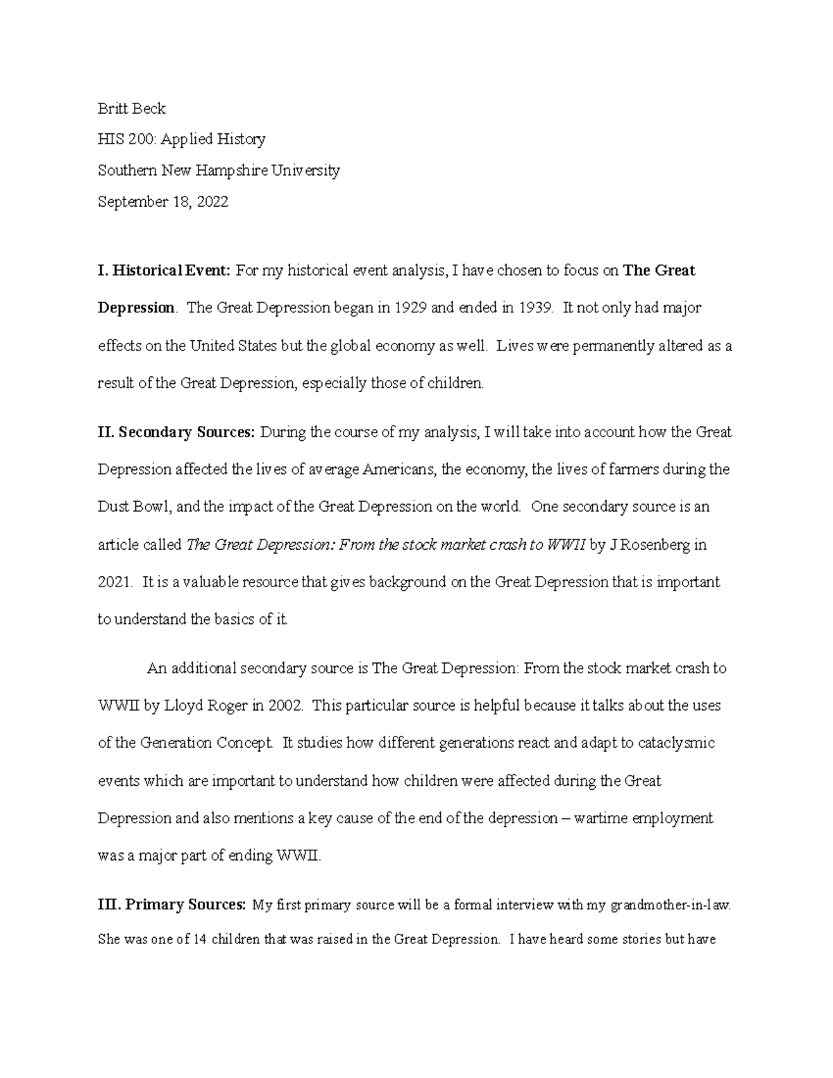 HIS 200 Project 1 - Britt Beck HIS 200: Applied History Southern New ...