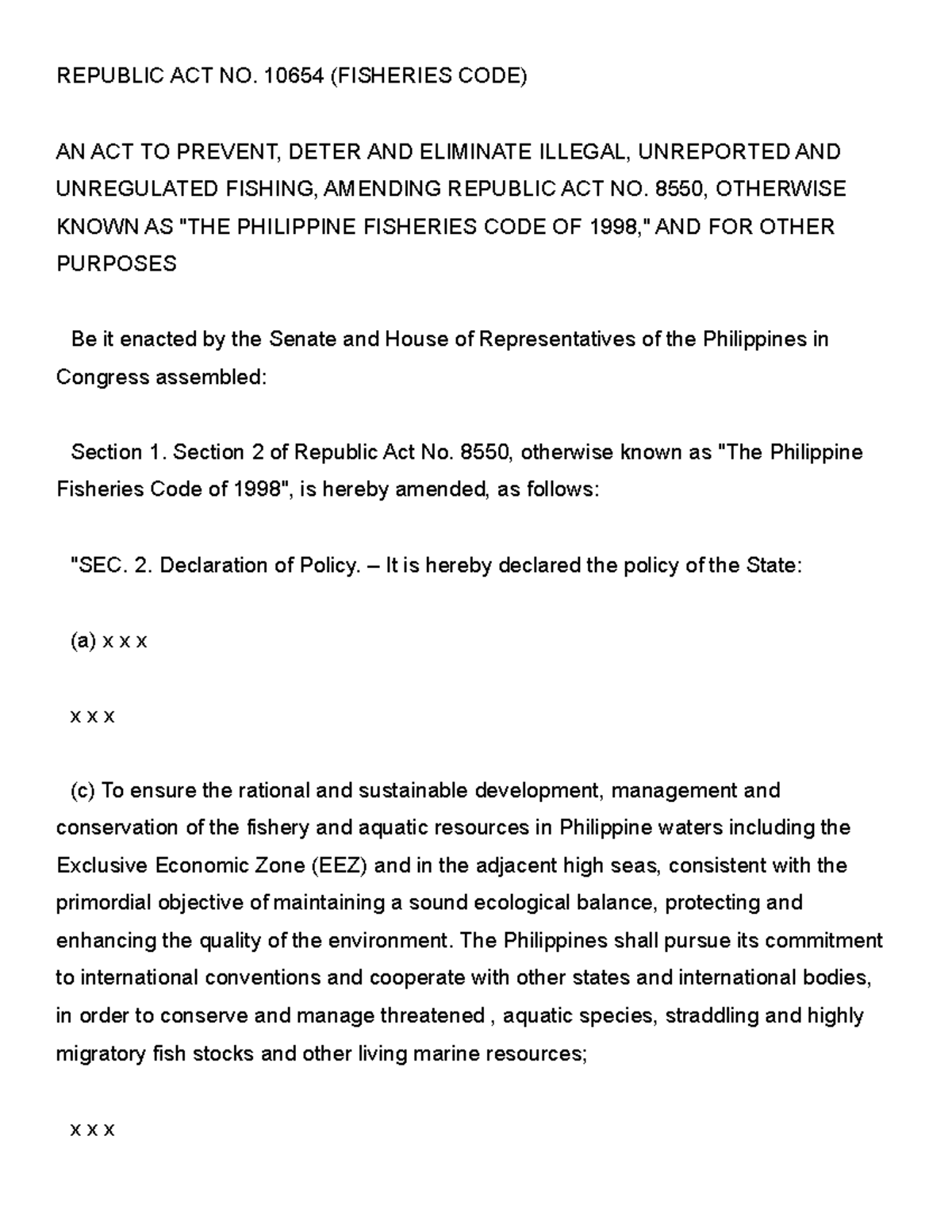 Fisheries CODE - REPUBLIC ACT NO. 10654 (FISHERIES CODE) AN ACT TO ...