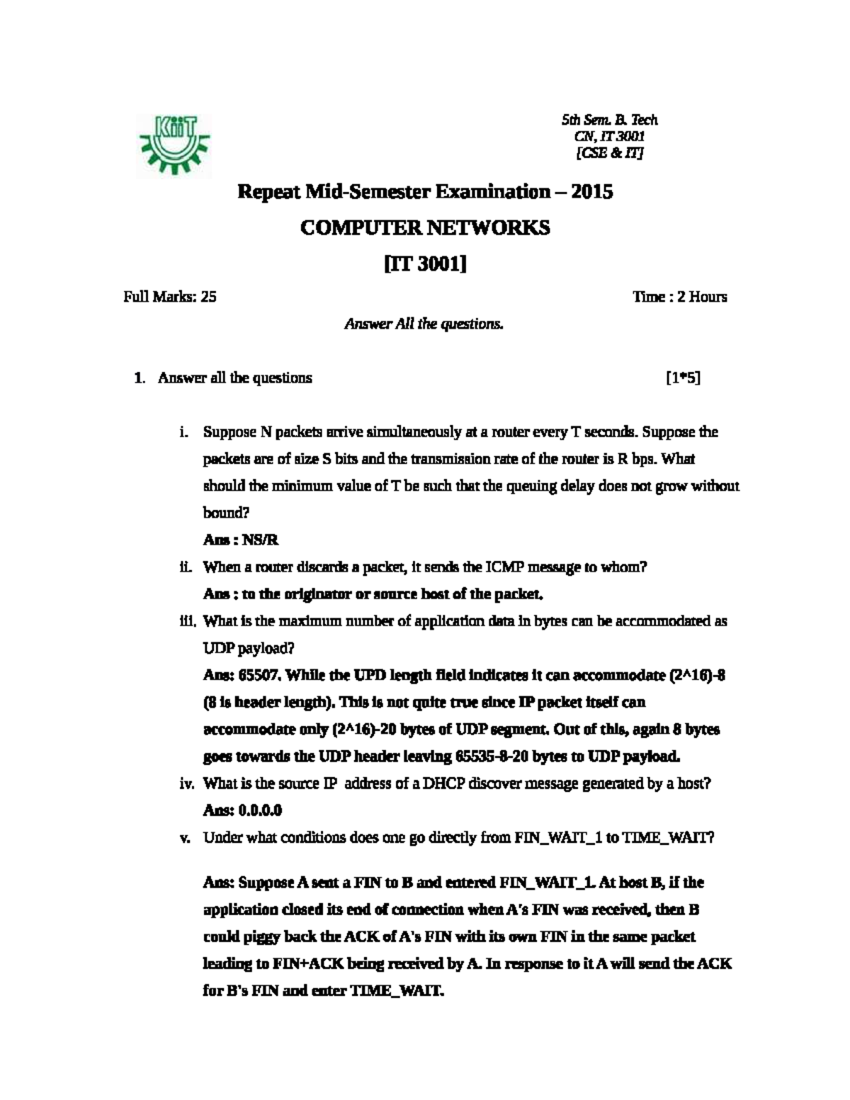 6 Computer Networks Part 6 5th Sem B Tech Cn It 3001 Repeat Examination 2015 Computer