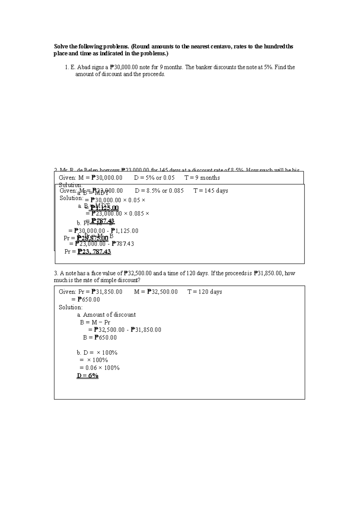 Business Mathematics Solve The Following Problems Round Amounts To