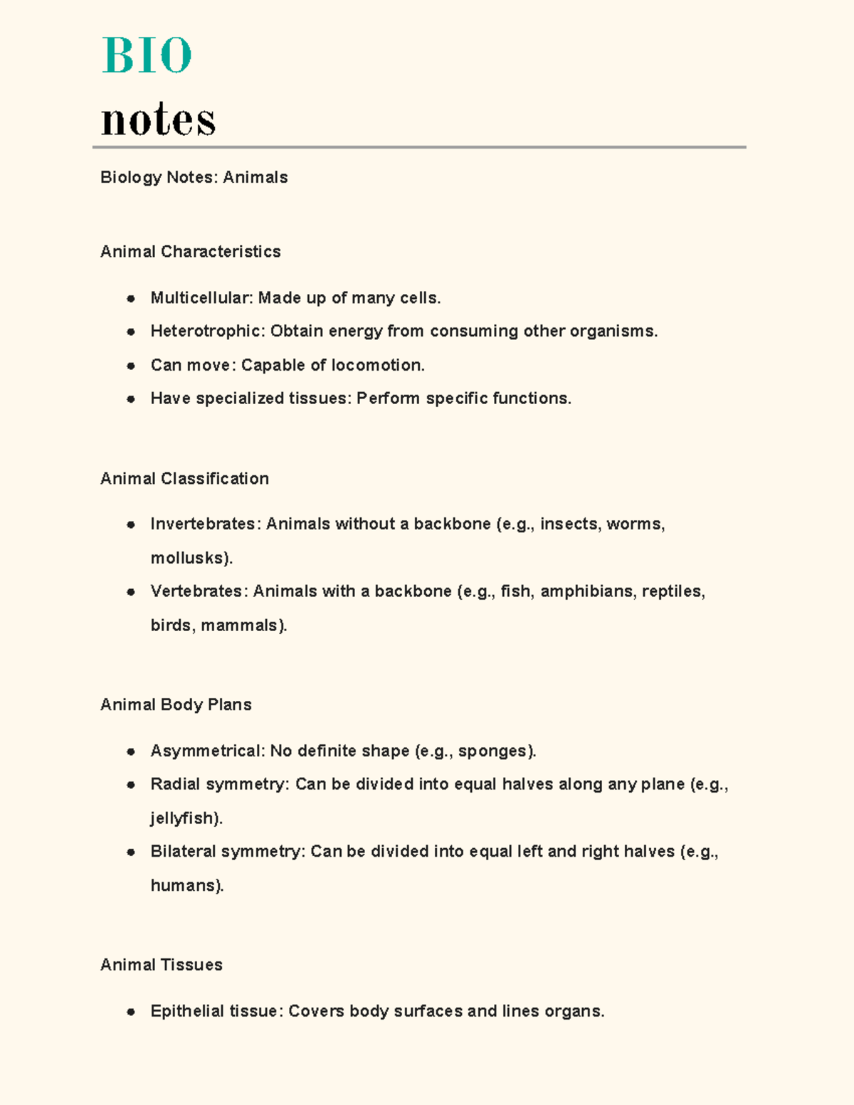 Biology Class Notes (17) - BIO notes Biology Notes: Animals Animal ...