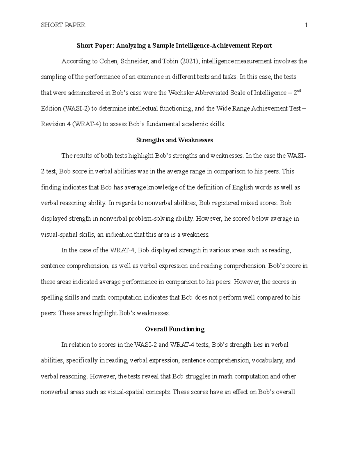 Short Paper - SHORT PAPER 1 Short Paper: Analyzing a Sample ...