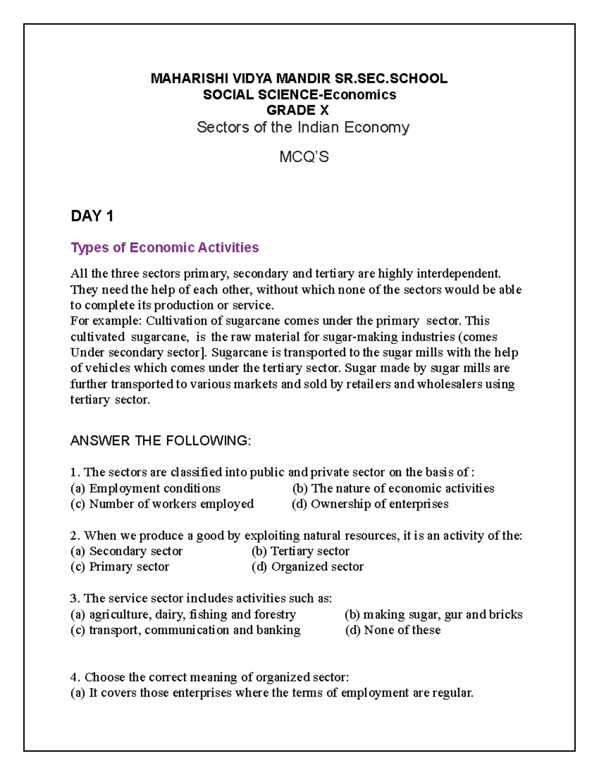 CBSE Class X Economics CH 2 Sectors OF Indian Economy ONE MARK Questions - MAHARISHI VIDYA ...