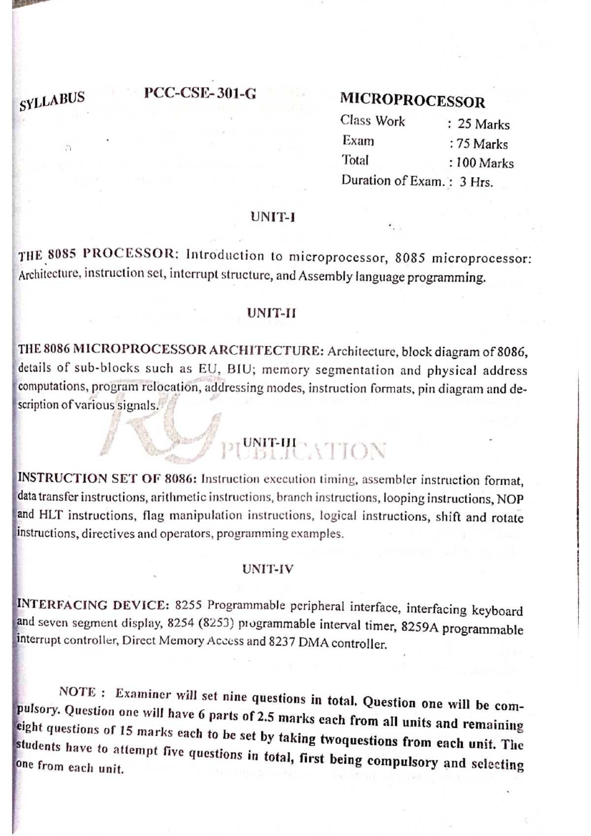 Micro Processor RG - SYLLABUS MICROPROCESSOR Class Work : 25 Marks Exam : 75 Marks Total : 100 ...