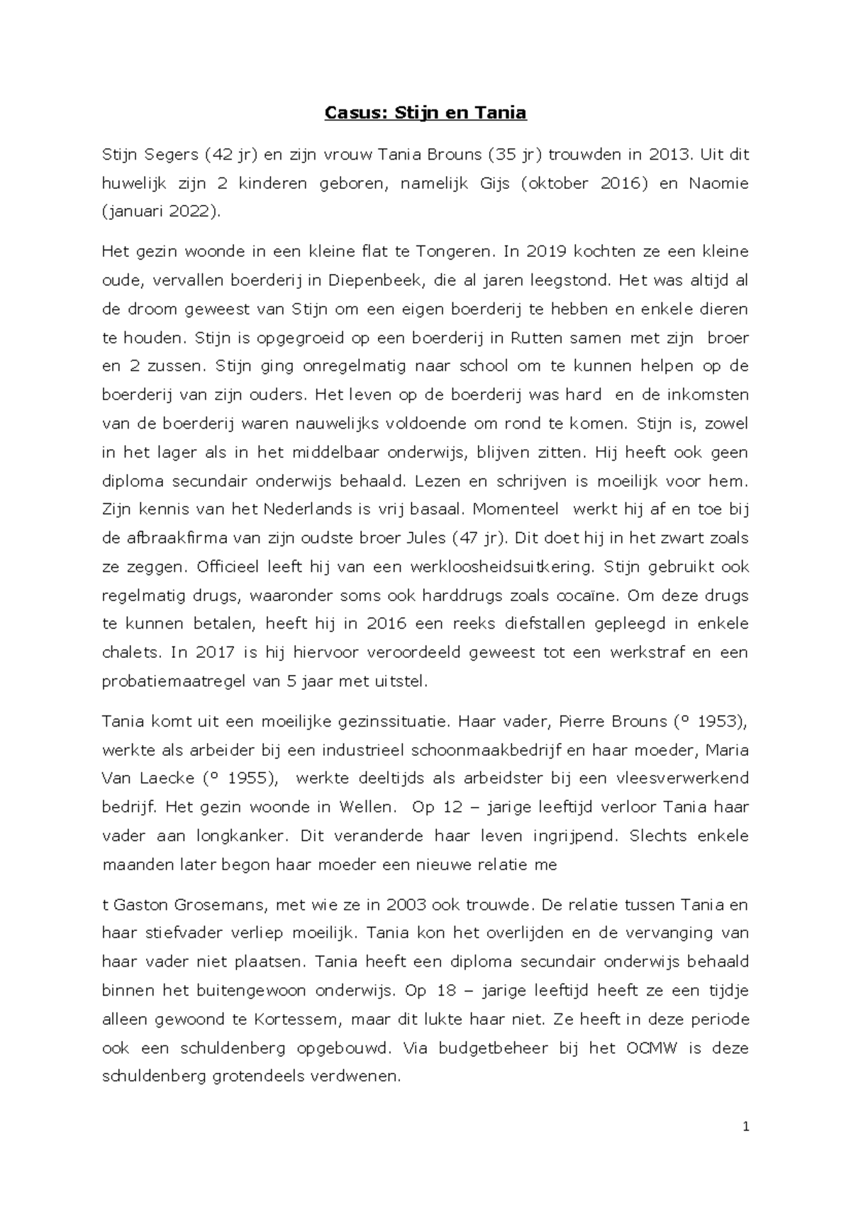 WZ les Casus Tania en Stijn - Integraal Sociaal Werk - Studocu