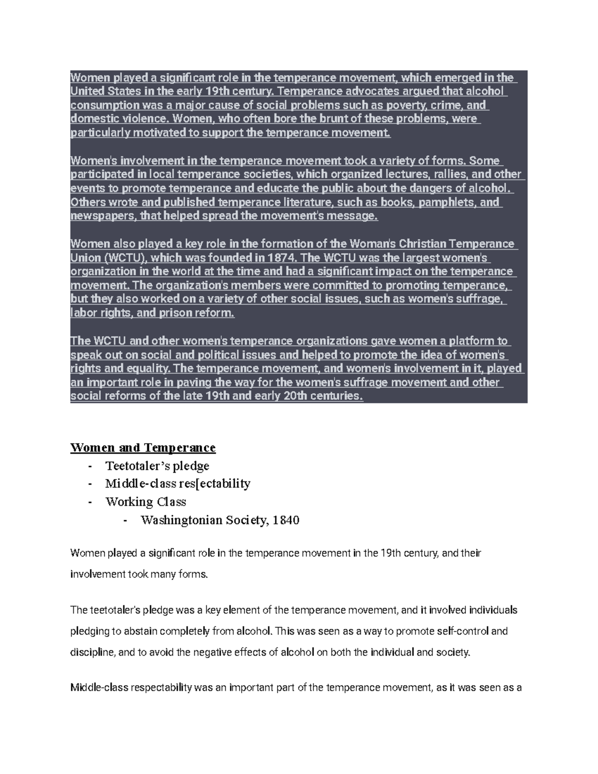 Women and Temperance - lecture notes Rachel Gunter - Women played a ...