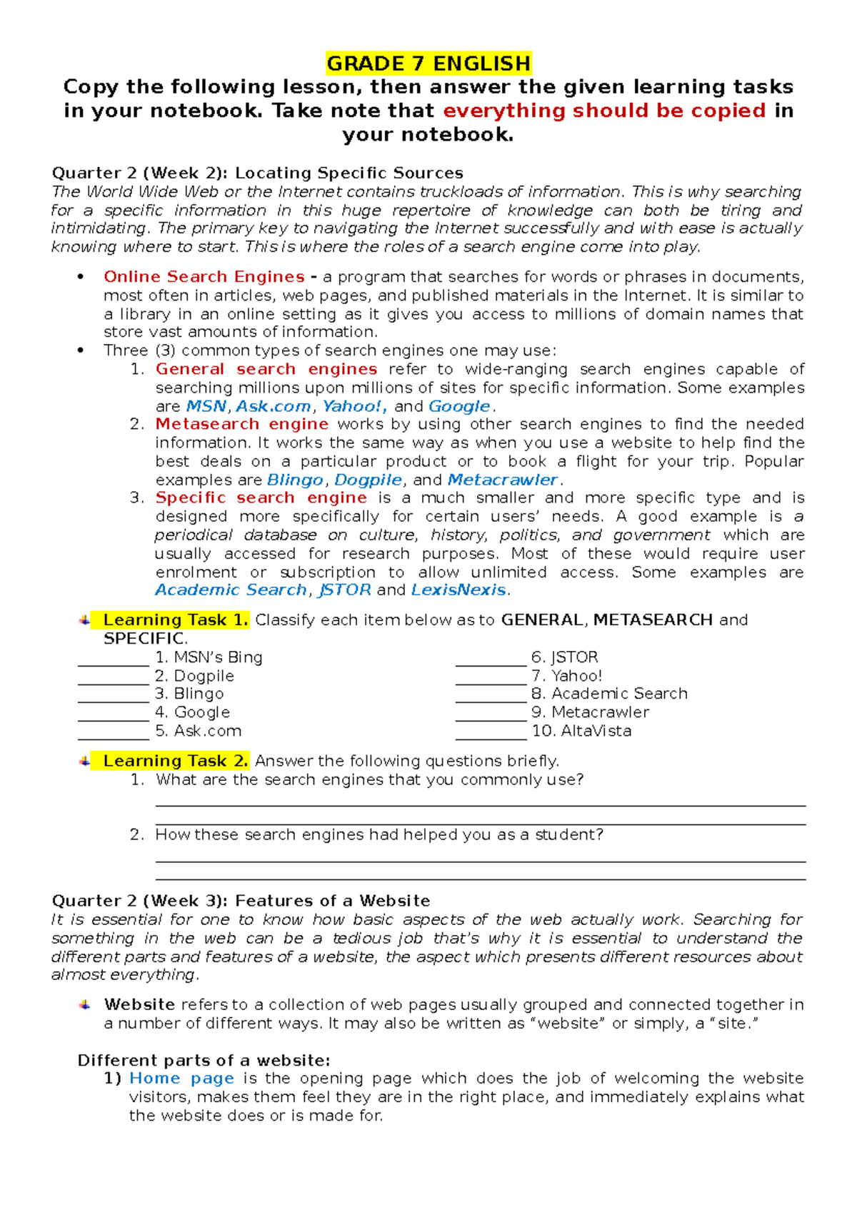 Q2 W2-3 Lesson - GRADE 7 ENGLISH Copy the following lesson, then answer ...