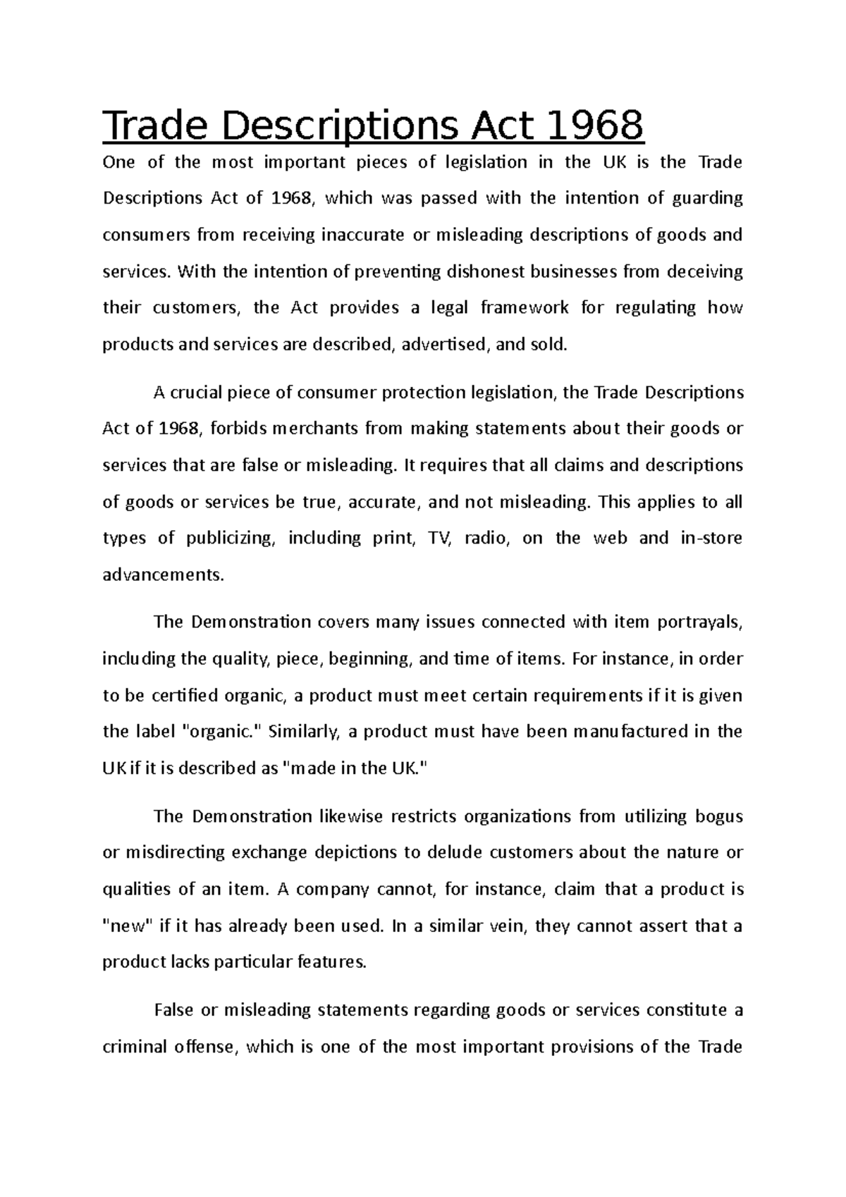 Trade Descriptions Act 1968 - Trade Descriptions Act 1968 One of the ...