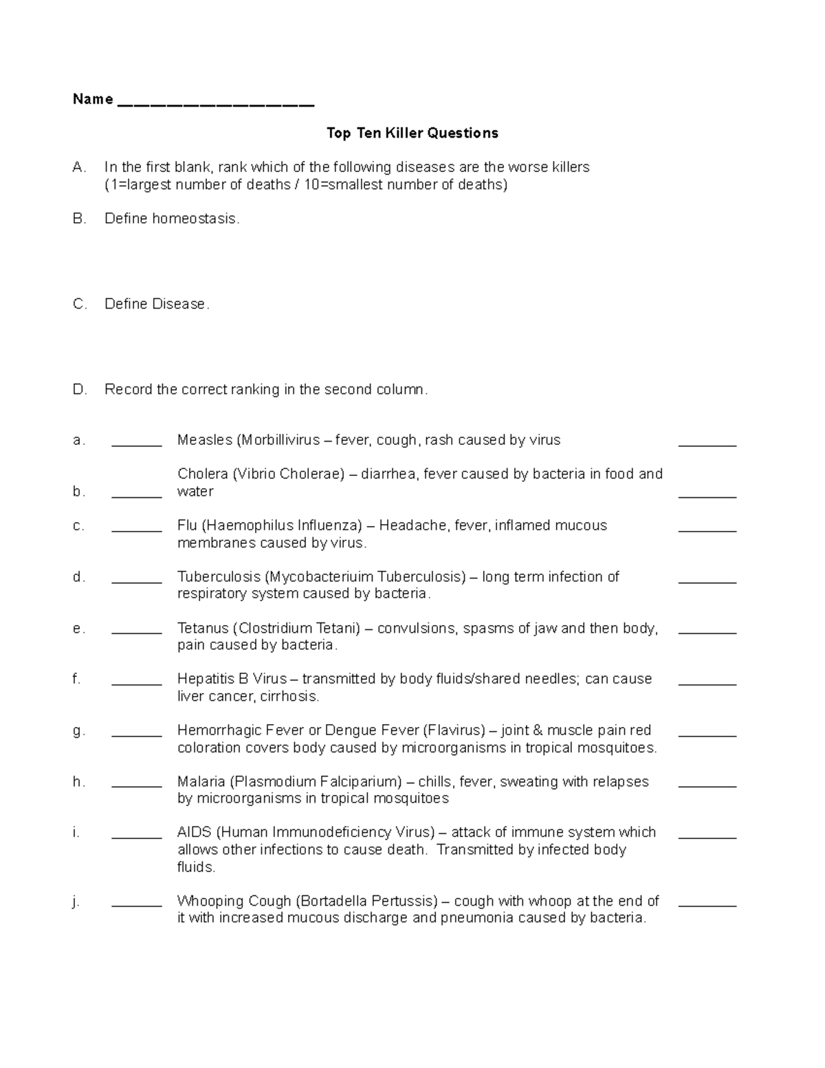 Top ten killer questions - Name ________________________ Top Ten Killer ...