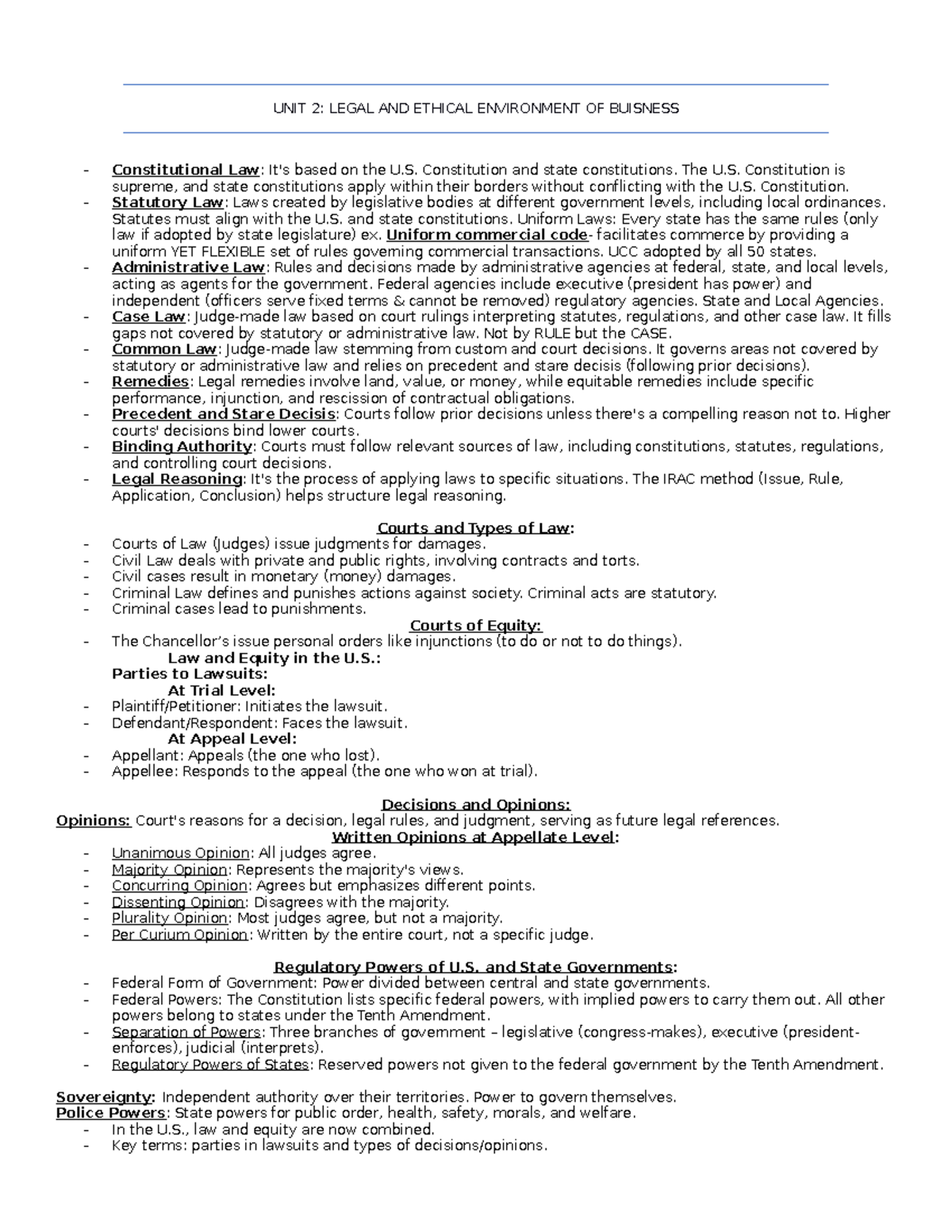 Notesssss - study notes - UNIT 2: LEGAL AND ETHICAL ENVIRONMENT OF ...